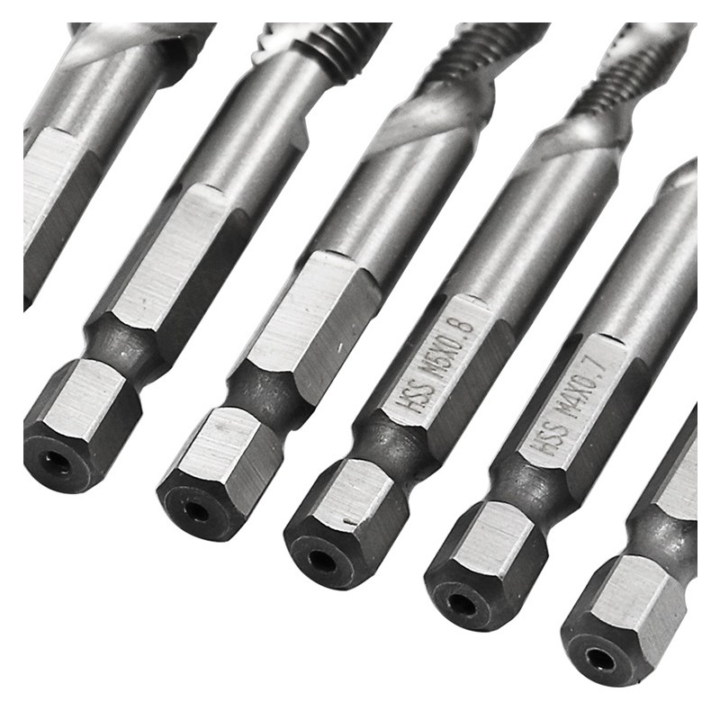 Broca-machuelo de roscado sistema métrico, 6 piezas, zanco hexagonal 1/4